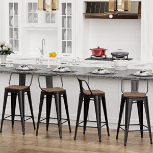 Changjie Furniture Swivel Metal Bar Stools Kitchen Counter Height Stools Industrial Barstools Set of 4 (Swivel 26 inch,Matte Black Wooden)