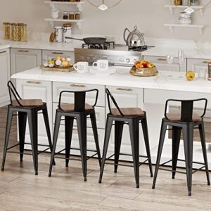 Changjie Furniture Swivel Metal Bar Stools Kitchen Counter Height Stools Industrial Barstools Set of 4 (Swivel 26 inch,Matte Black Wooden)