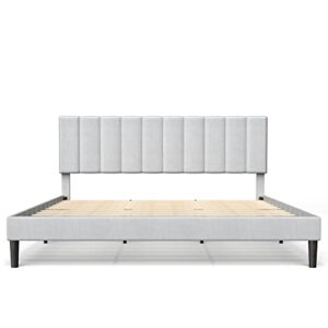 BONSOIR Queen Size Bed Frame Modern Vertical Panel Upholstered Low Profile Platform with Tufted Headboard/No Box Spring Needed/No Bed Skirt Needed/Linen Fabric Upholstery/Light Grey (Queen Size)