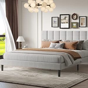 BONSOIR Queen Size Bed Frame Modern Vertical Panel Upholstered Low Profile Platform with Tufted Headboard/No Box Spring Needed/No Bed Skirt Needed/Linen Fabric Upholstery/Light Grey (Queen Size)