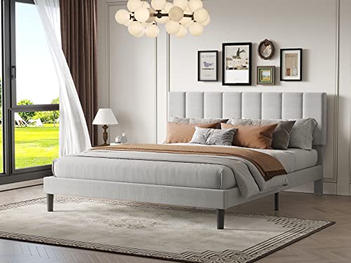 BONSOIR Queen Size Bed Frame Modern Vertical Panel Upholstered Low Profile Platform with Tufted Headboard/No Box Spring Needed/No Bed Skirt Needed/Linen Fabric Upholstery/Light Grey (Queen Size)