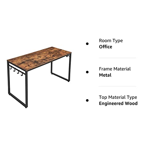 VASAGLE Computer Writing Desk, 55 Inch Office Study Table, Work from Home, with 8 Hooks, Metal Frame, Industrial, 55.1", Rustic Brown