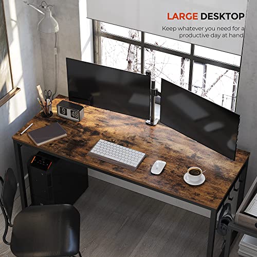 VASAGLE Computer Writing Desk, 55 Inch Office Study Table, Work from Home, with 8 Hooks, Metal Frame, Industrial, 55.1", Rustic Brown