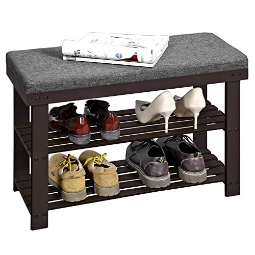 SONGMICS Bamboo Shoe Bench, 2-Tier Shoe Rack, Stable Shoe Organizer for Entryway, Living Room, Bench Seat Holds Up to 330 lb, 11.4 x 28 x 19.3 Inches, Brown and Gray ULBS604CG