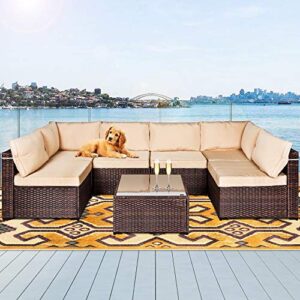 lafwell 7 pieces outdoor patio furniture sets,rattan conversation sectional set,manual weaving wicker patio sofa with tea table