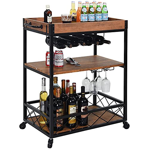 Usinso Industrial Kitchen Serving Carts Rolling Bar Cart with 3 Tier Storage Shelves bar carts for The Home with Wine Glass Holder,Lockable Caster Liquor Cart Removable Top Box Container