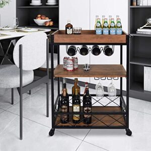 Usinso Industrial Kitchen Serving Carts Rolling Bar Cart with 3 Tier Storage Shelves bar carts for The Home with Wine Glass Holder,Lockable Caster Liquor Cart Removable Top Box Container