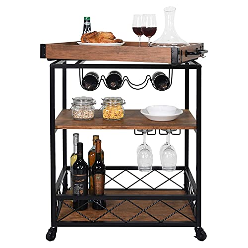 Usinso Industrial Kitchen Serving Carts Rolling Bar Cart with 3 Tier Storage Shelves bar carts for The Home with Wine Glass Holder,Lockable Caster Liquor Cart Removable Top Box Container