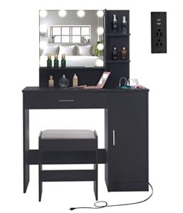 usikey vanity table set with lighted mirror & charging station, makeup vanity table with 1 drawer, 1 storage cabinet, 10 led lights, dressing tables vanity desk with cushioned stool for bedroom, black