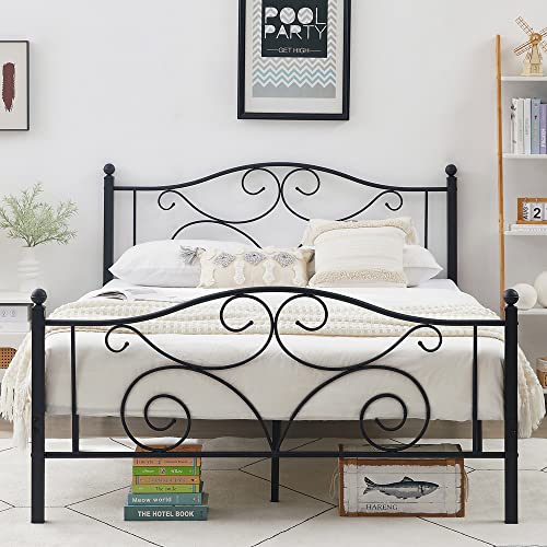 VECELO Full Size Metal Bed Frame with Headboard and Footboard, Iron Mattress Foundation No Box Spring Needed, Heavy Duty/Easy Set Up, Black