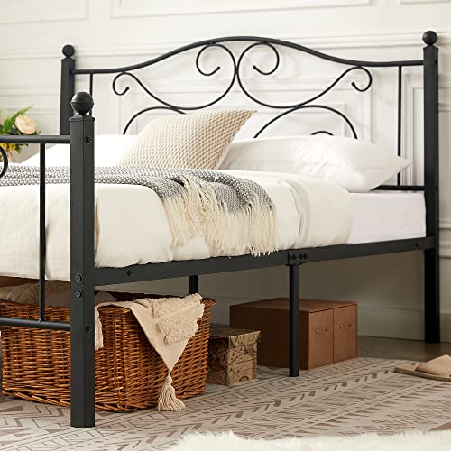 VECELO Full Size Metal Bed Frame with Headboard and Footboard, Iron Mattress Foundation No Box Spring Needed, Heavy Duty/Easy Set Up, Black