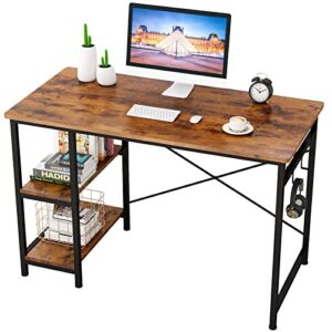 engriy writing computer desk 47″, home office study desk with 2 storage shelves on left or right side, industrial simple style wood table metal frame for pc laptop notebook