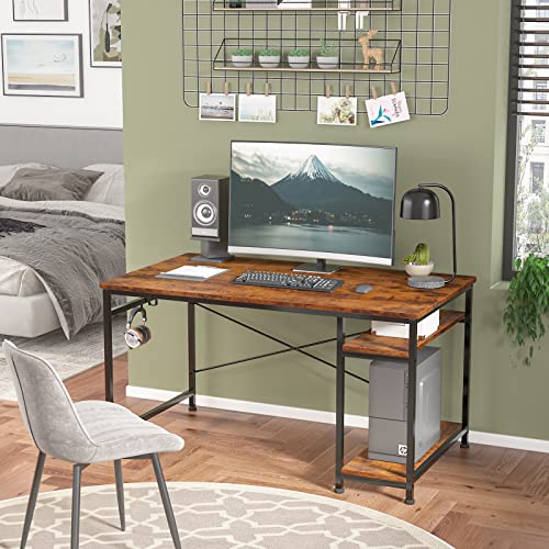 Engriy Writing Computer Desk 47", Home Office Study Desk with 2 Storage Shelves on Left or Right Side, Industrial Simple Style Wood Table Metal Frame for PC Laptop Notebook