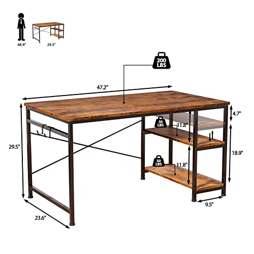 Engriy Writing Computer Desk 47", Home Office Study Desk with 2 Storage Shelves on Left or Right Side, Industrial Simple Style Wood Table Metal Frame for PC Laptop Notebook