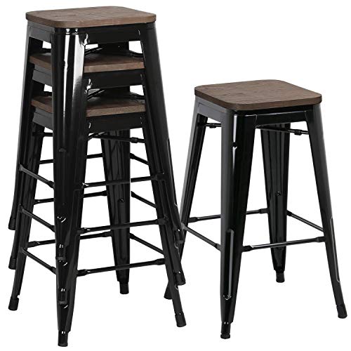 Yaheetech 26inch barstools Set of 4 Counter Height Metal Bar Stools, Indoor Outdoor Stackable Bartool Industrial with Wood Seat 331Lb, Black