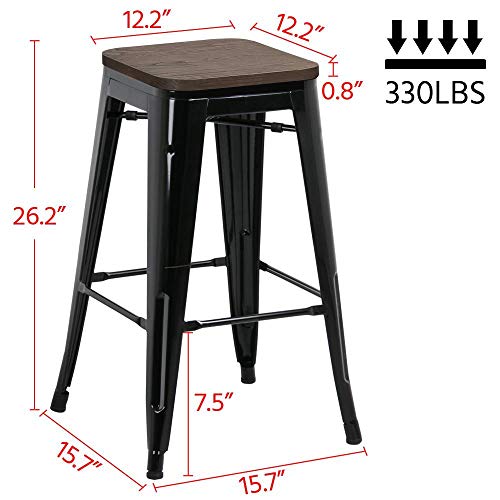 Yaheetech 26inch barstools Set of 4 Counter Height Metal Bar Stools, Indoor Outdoor Stackable Bartool Industrial with Wood Seat 331Lb, Black