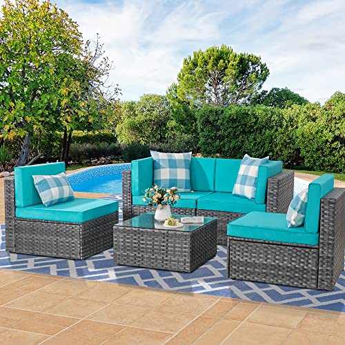 Shintenchi 5 Pieces Outdoor Patio Sectional Sofa Couch, Silver Gray PE Wicker Furniture Conversation Sets with Washable Cushions & Glass Coffee Table for Garden, Poolside, Backyard (Blue)