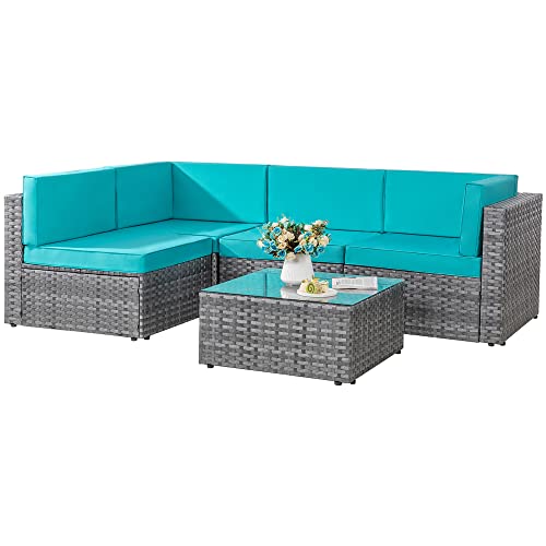 Shintenchi 5 Pieces Outdoor Patio Sectional Sofa Couch, Silver Gray PE Wicker Furniture Conversation Sets with Washable Cushions & Glass Coffee Table for Garden, Poolside, Backyard (Blue)