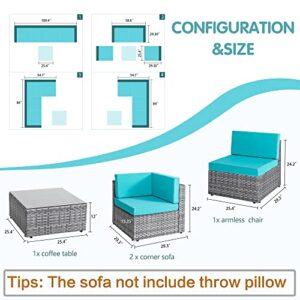 Shintenchi 5 Pieces Outdoor Patio Sectional Sofa Couch, Silver Gray PE Wicker Furniture Conversation Sets with Washable Cushions & Glass Coffee Table for Garden, Poolside, Backyard (Blue)