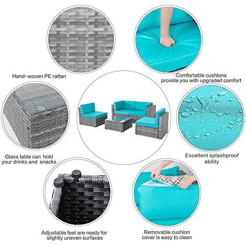 Shintenchi 5 Pieces Outdoor Patio Sectional Sofa Couch, Silver Gray PE Wicker Furniture Conversation Sets with Washable Cushions & Glass Coffee Table for Garden, Poolside, Backyard (Blue)