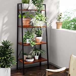 Pipishell Industrial Ladder Shelf, 4-Tier Bookshelf, Free Standing Bookcase Storage Rack Shelves Plant Flower Stand with Wood Look for Living Room, Bedroom, Kitchen, Bathroom, Home Office, Balcony