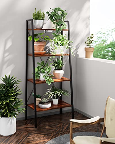 Pipishell Industrial Ladder Shelf, 4-Tier Bookshelf, Free Standing Bookcase Storage Rack Shelves Plant Flower Stand with Wood Look for Living Room, Bedroom, Kitchen, Bathroom, Home Office, Balcony