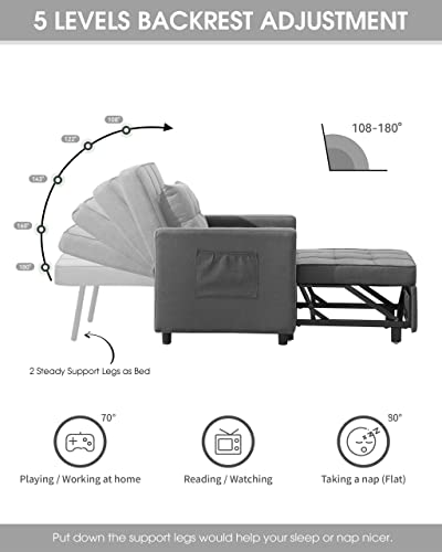 XSPRACER Convertible Chair Bed, Sleeper Chair Bed 3 in 1, Adjustable Recliner,Armchair, Sofa, Bed, Fleece, Dark Gray, Single One