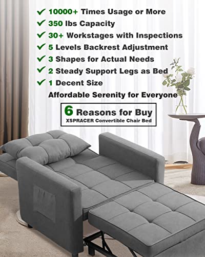 XSPRACER Convertible Chair Bed, Sleeper Chair Bed 3 in 1, Adjustable Recliner,Armchair, Sofa, Bed, Fleece, Dark Gray, Single One