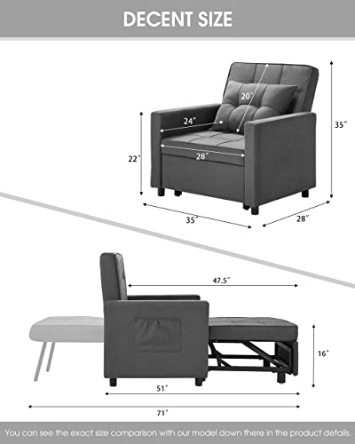 XSPRACER Convertible Chair Bed, Sleeper Chair Bed 3 in 1, Adjustable Recliner,Armchair, Sofa, Bed, Fleece, Dark Gray, Single One