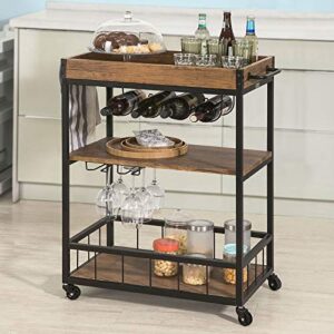 haotian fkw56-n, bar serving cart, home myra rustic mobile kitchen serving cart with removable tray, industrial vintage style wood metal serving trolley (brown)