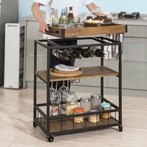 Haotian FKW56-N, Bar Serving Cart, Home Myra Rustic Mobile Kitchen Serving cart with Removable Tray, Industrial Vintage Style Wood Metal Serving Trolley (Brown)