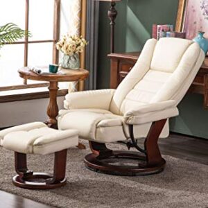 MCombo Recliner with Ottoman Chair Accent Recliner Chair with Vibration Massage, Removable Lumbar Pillow, 360 Degree Swivel Wood Base, Faux Leather 9096 (Cream White)