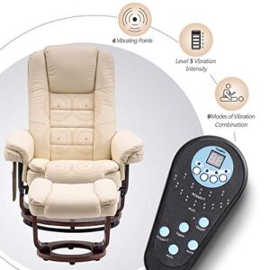 MCombo Recliner with Ottoman Chair Accent Recliner Chair with Vibration Massage, Removable Lumbar Pillow, 360 Degree Swivel Wood Base, Faux Leather 9096 (Cream White)