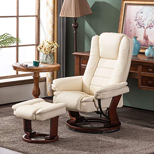 MCombo Recliner with Ottoman Chair Accent Recliner Chair with Vibration Massage, Removable Lumbar Pillow, 360 Degree Swivel Wood Base, Faux Leather 9096 (Cream White)