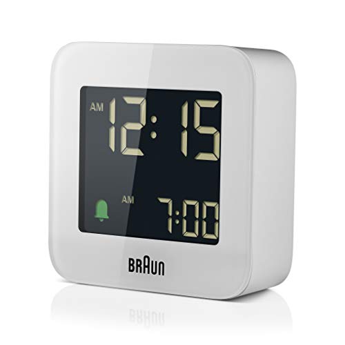 Braun Digital Travel Alarm Clock with Snooze, Compact Size, Negative LCD Display, Quick Set,Crescendo Beep Alarm in White, Model BC08W.