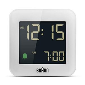 braun digital travel alarm clock with snooze, compact size, negative lcd display, quick set,crescendo beep alarm in white, model bc08w.