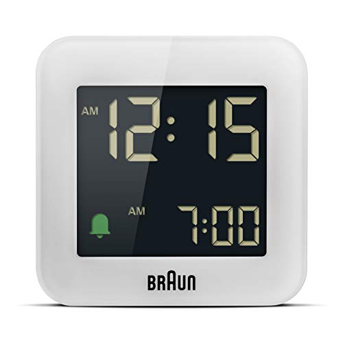 Braun Digital Travel Alarm Clock with Snooze, Compact Size, Negative LCD Display, Quick Set,Crescendo Beep Alarm in White, Model BC08W.