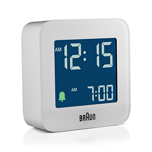 Braun Digital Travel Alarm Clock with Snooze, Compact Size, Negative LCD Display, Quick Set,Crescendo Beep Alarm in White, Model BC08W.