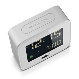 Braun Digital Travel Alarm Clock with Snooze, Compact Size, Negative LCD Display, Quick Set,Crescendo Beep Alarm in White, Model BC08W.