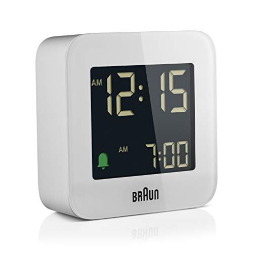 Braun Digital Travel Alarm Clock with Snooze, Compact Size, Negative LCD Display, Quick Set,Crescendo Beep Alarm in White, Model BC08W.