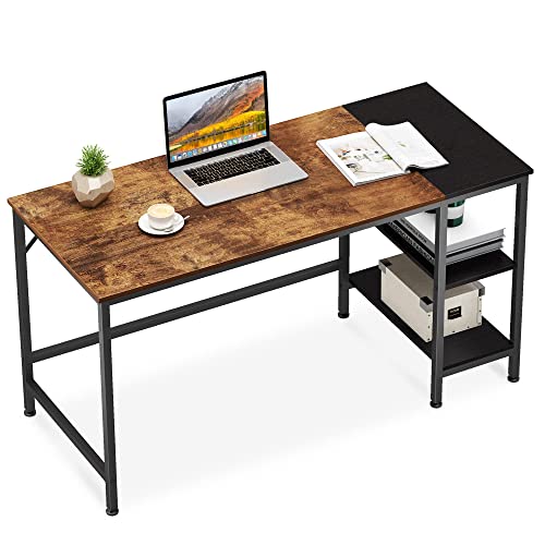 JOISCOPE Home Office Computer Desk, Study Writing Desk with Wooden Storage Shelf,2-Tier Industrial Morden Laptop Table with Splice Board,55 inches(Vintage Oak Finish)