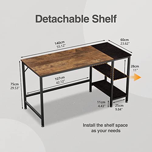 JOISCOPE Home Office Computer Desk, Study Writing Desk with Wooden Storage Shelf,2-Tier Industrial Morden Laptop Table with Splice Board,55 inches(Vintage Oak Finish)