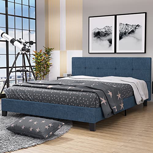 JURMALYN Queen Bed Frame with Headboard/Upholstered Queen Size Metal Platform and Wooden Slat Support, No Box Spring Needed, Easy Assembly Blue