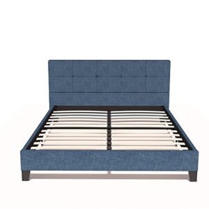 JURMALYN Queen Bed Frame with Headboard/Upholstered Queen Size Metal Platform and Wooden Slat Support, No Box Spring Needed, Easy Assembly Blue