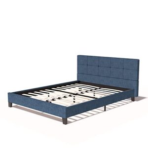 JURMALYN Queen Bed Frame with Headboard/Upholstered Queen Size Metal Platform and Wooden Slat Support, No Box Spring Needed, Easy Assembly Blue