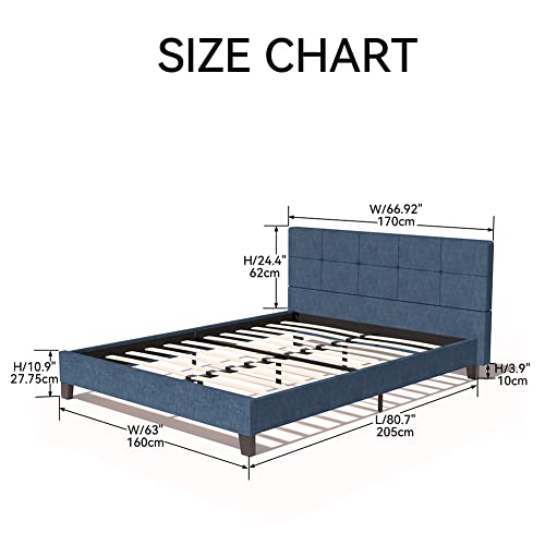 JURMALYN Queen Bed Frame with Headboard/Upholstered Queen Size Metal Platform and Wooden Slat Support, No Box Spring Needed, Easy Assembly Blue