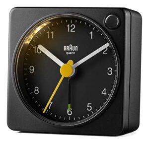 Braun Classic Travel Analogue Clock with Snooze and Light, Compact Size, Quiet Quartz Movement, Crescendo Beep Alarm in Black, Model BC02XB, One