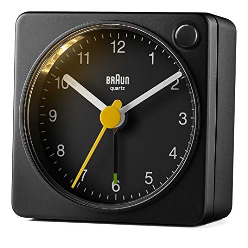 Braun Classic Travel Analogue Clock with Snooze and Light, Compact Size, Quiet Quartz Movement, Crescendo Beep Alarm in Black, Model BC02XB, One