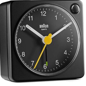 Braun Classic Travel Analogue Clock with Snooze and Light, Compact Size, Quiet Quartz Movement, Crescendo Beep Alarm in Black, Model BC02XB, One