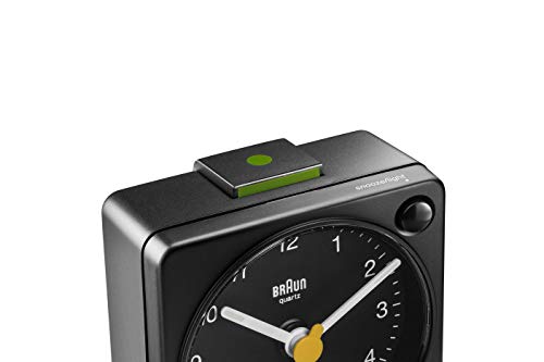 Braun Classic Travel Analogue Clock with Snooze and Light, Compact Size, Quiet Quartz Movement, Crescendo Beep Alarm in Black, Model BC02XB, One